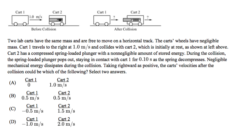 Two lab carts have the same mass and are free to move on a horizontal track. The carts' wheels ...