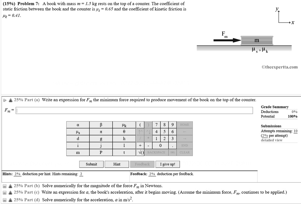 SOLVED: A book with mass m = 1.5 kg rests on the top of a counter. The ...