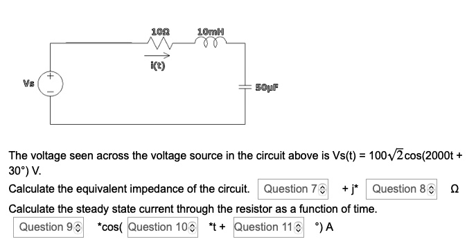 SOLVED: Text: 100 10 mH i(t) 50 F The voltage seen across the voltage source in the circuit ...