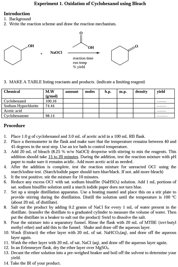 experiment 1 oxidation of cyclohexanol using bleach introduction background write the reaction ...