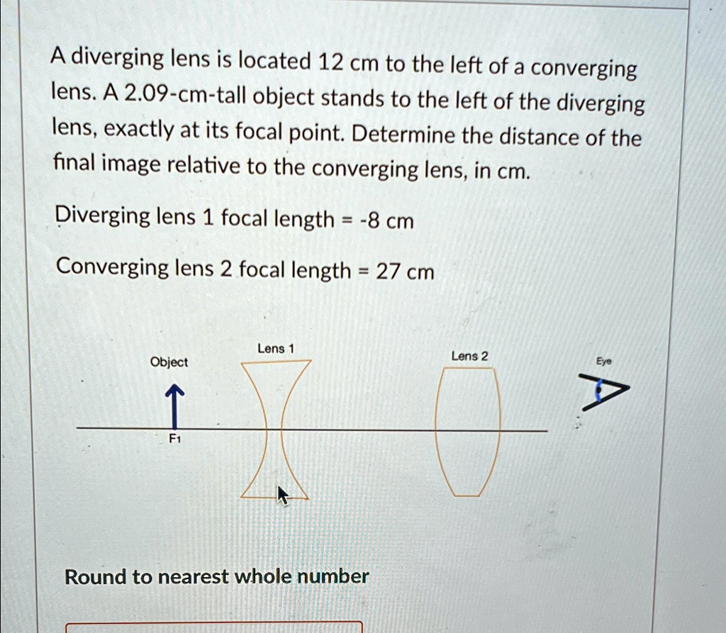 SOLVED: A diverging lens is located 12 cm to the left of a converging lens. A 2.09-cm-tall ...