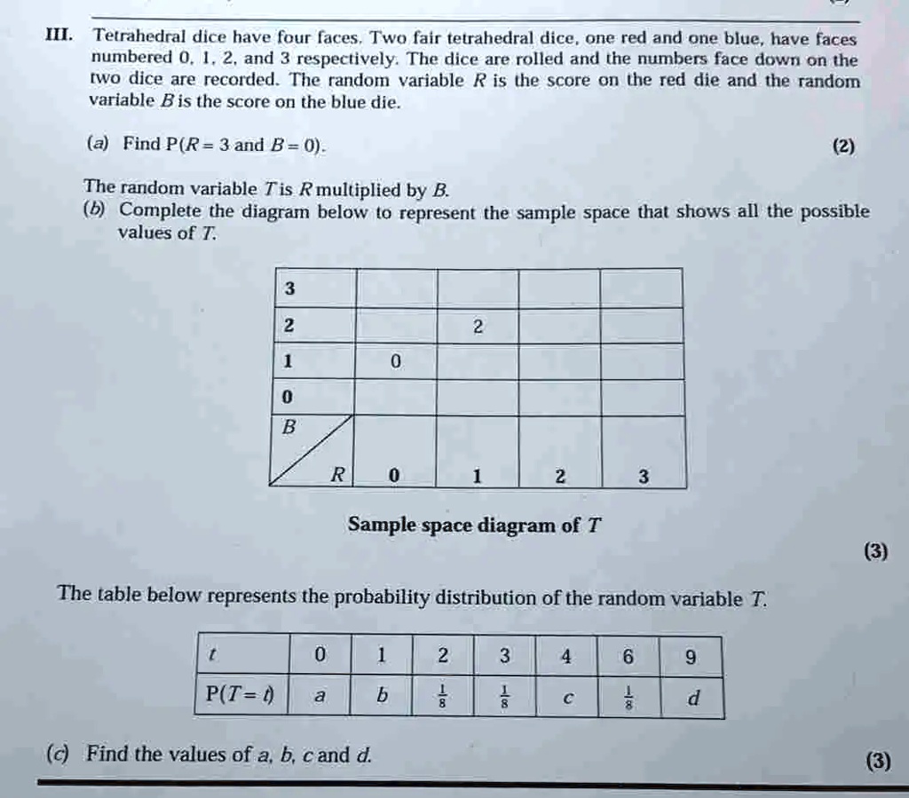 III. Tetrahedral dice have four faces. Two fair tetrahedral dice, one ...