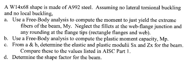 A W14x68 shape is made of A992 steel. Assuming no lateral torsional ...