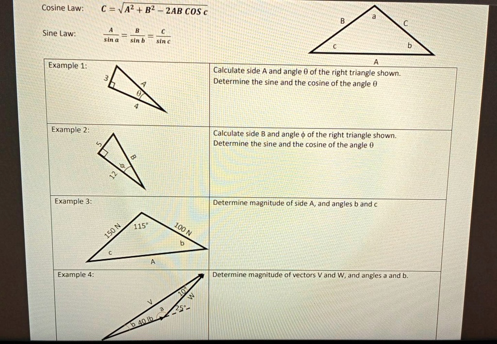 Cosine Law: C = √(A^2 + B^2 - 2AB cos c) Sine Law: (A)/(sin a) = (B ...