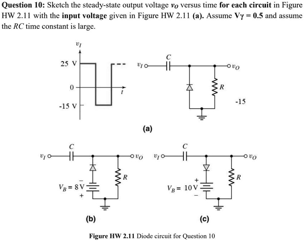SOLVED: Question 10: Sketch the steady-state output voltage Vo versus time for each circuit in ...