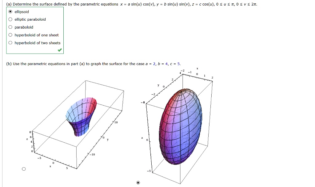 (a) Determine the surface defined by the parametric equations x = a sin(u) cos(v), y = b sin(u ...