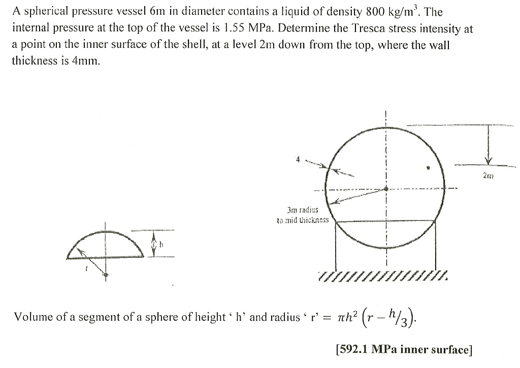A spherical pressure vessel 6 m in diameter contains a liquid of ...
