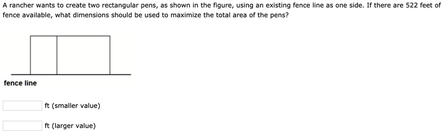SOLVED: A rancher wants to create two rectangular pens; as shown in the ...
