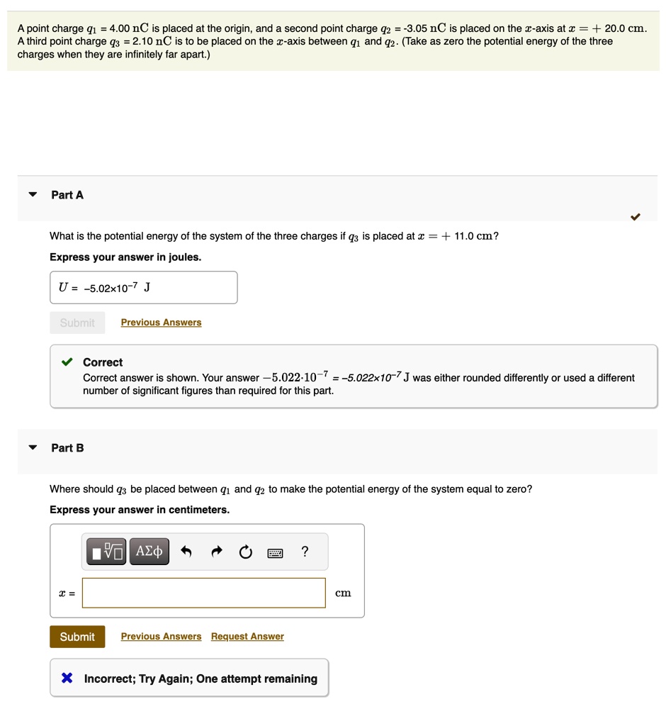 SOLVED: A point charge q1=4.00nC is placed at the origin, and a second point charge q2=-3.05nC ...