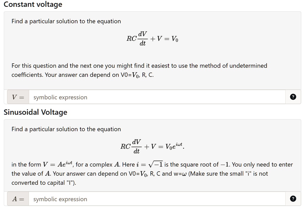 Constant voltage Find a particular solution to the equation RC (dV)/(dt ...
