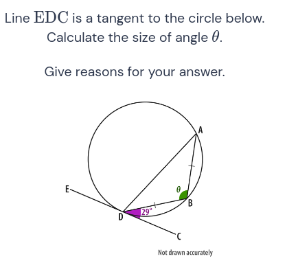 [GET ANSWER] Line EDC is a tangent to the circle below. Calculate the size of angle θ. Give ...