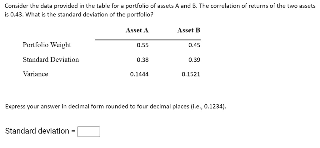 Consider the data provided in the table for a portfolio of assets A and ...