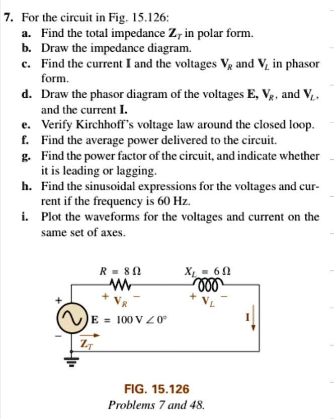 7. For the circuit in Fig: 15.126: a. Find the total impedance Zr in polar form. b. Draw the ...