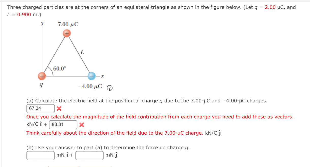 three charged particles are at the corners of an equilateral triangle as shown in the figure ...