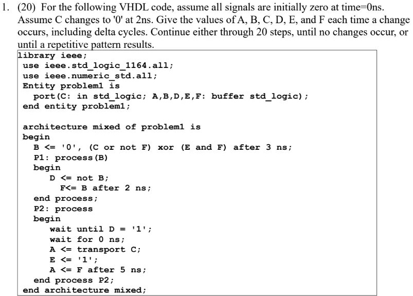 Get Answer 1 20 For The Following Vhdl Code Assume All Signals Are Initially Zero At Time