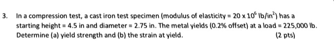 SOLVED: In a compression test, a cast iron test specimen with a modulus ...