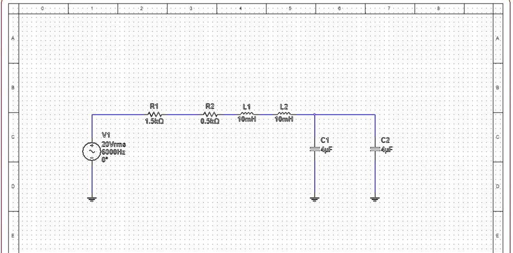 V1 20Vrms 6000Hz 0° R1 1.5k? R2 0.5k? L1 10mH L2 10mH C1 4µF C2 4µF