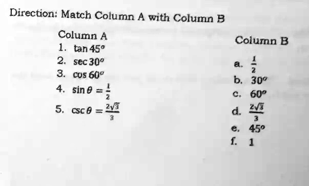 SOLVED: Direction: Match Column A with Column B Column A Column B tan ... SOLVED: Direction: Match Column A with Column B Column A Column B tan ...