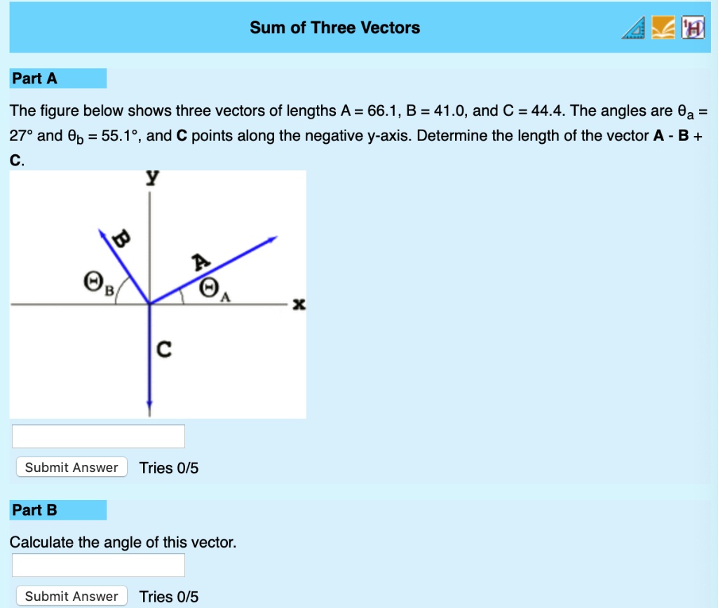 SOLVED:Sum of Three Vectors Part A The figure below shows three vectors of lengths A = 66.1, B ...