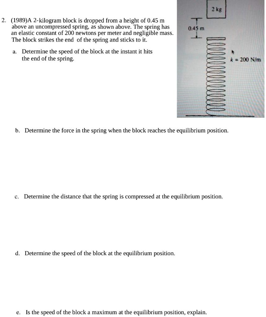 2 kg T 2. (1989)A 2-kilogram block is dropped from a height of 0.45 m above an uncompressed ...