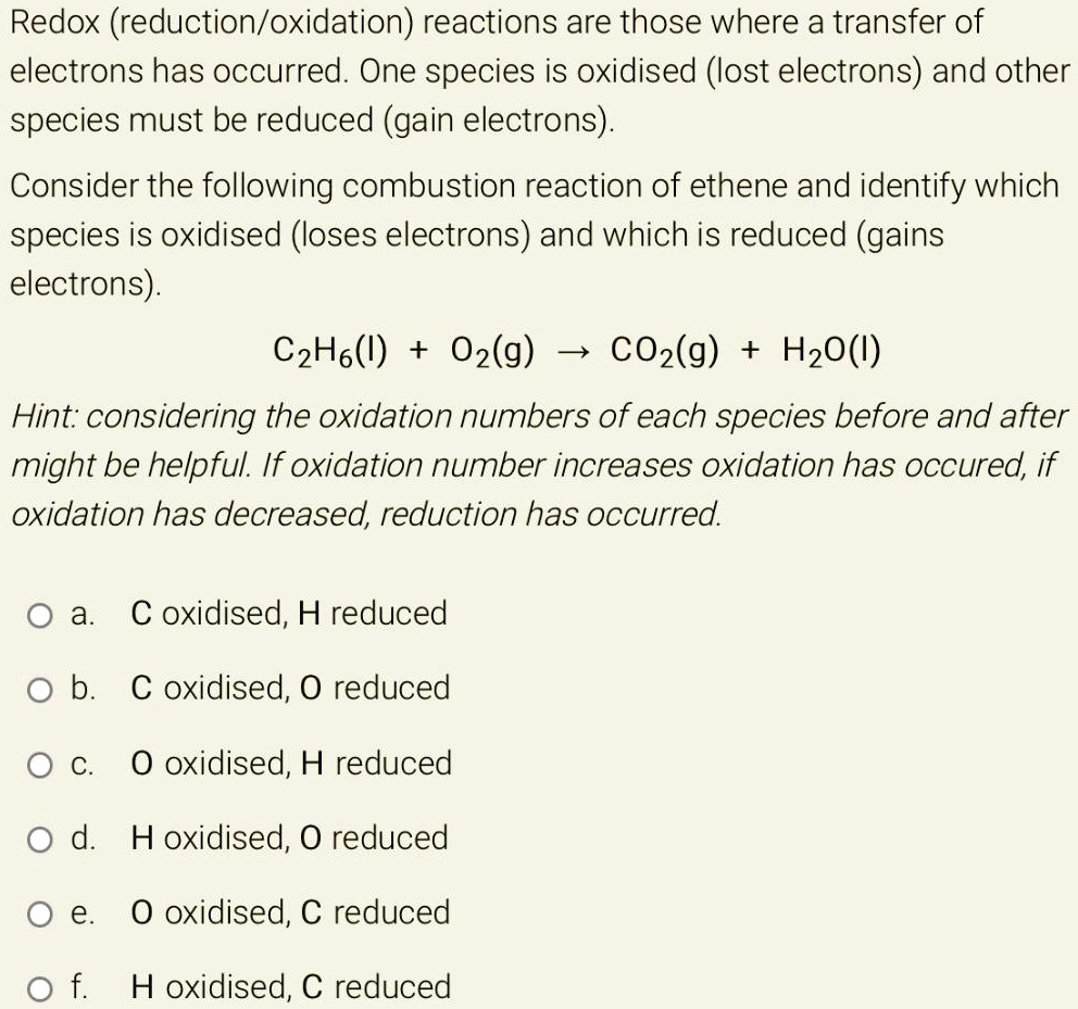 SOLVED: Redox (reduction/oxidation) reactions are those where a transfer of electrons has ...