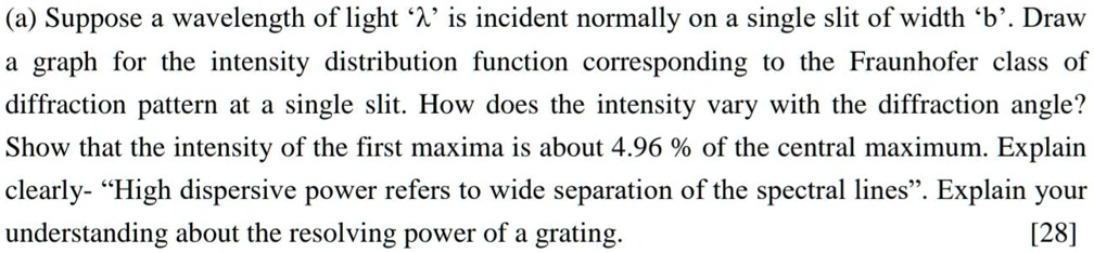 Solved A Suppose A Wavelength Of Light ” Is Incident Normally On A Single Slit Of Width B