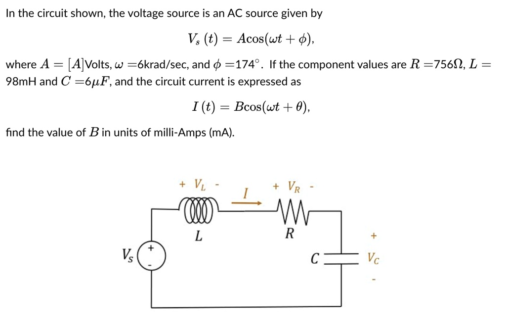SOLVED: In the circuit shown, the voltage source is an AC source given by Vs(t) = Acos(wt + Ï ...