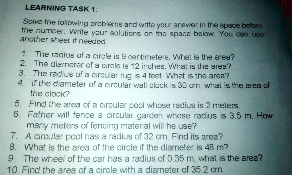 SOLVED: LEARNING TASK 1: Solve the following problems and write your answer in the space before ...