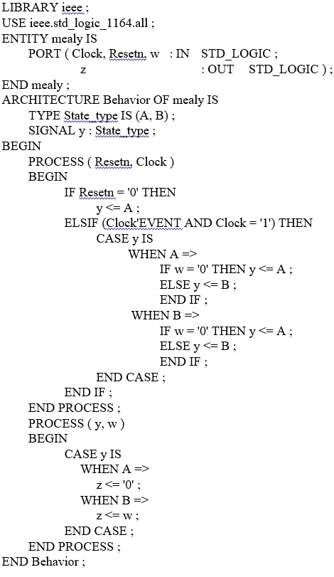 SOLVED: LIBRARY ieee; USE ieee.stdlogic1164.all; ENTITY mealy IS PORT( Clock, Resetn, w : IN ...