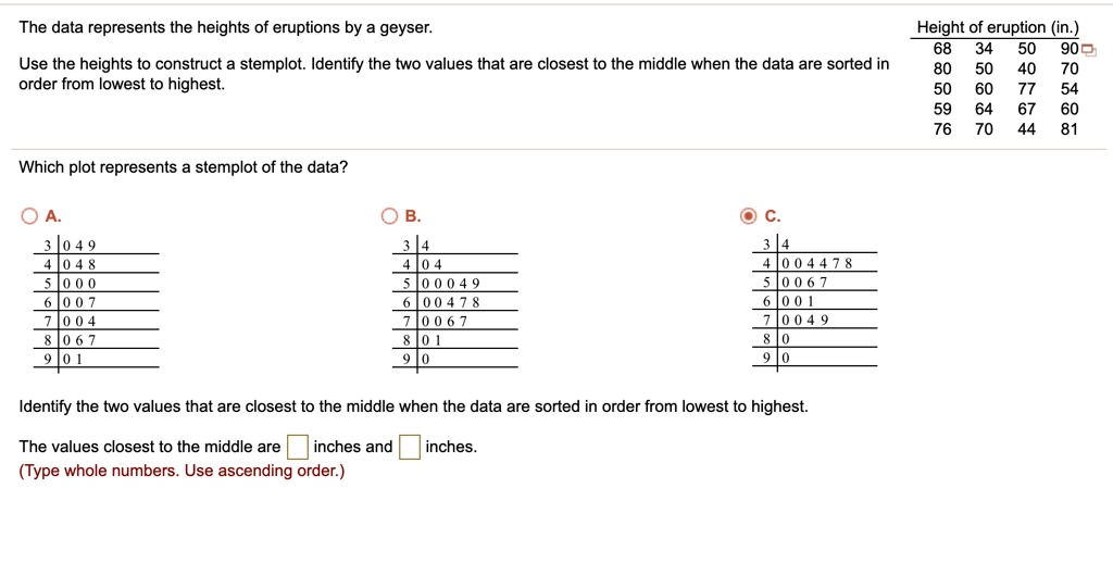 SOLVED: The data represents the heights of eruptions by a geyser: Height of eruption (in.) Use ...