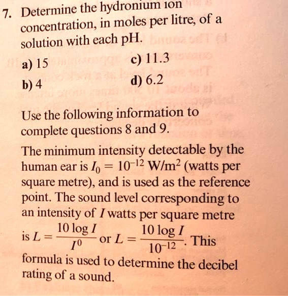 SOLVED:7. Determine the hydronium IOn1 concentration, in moles per ...