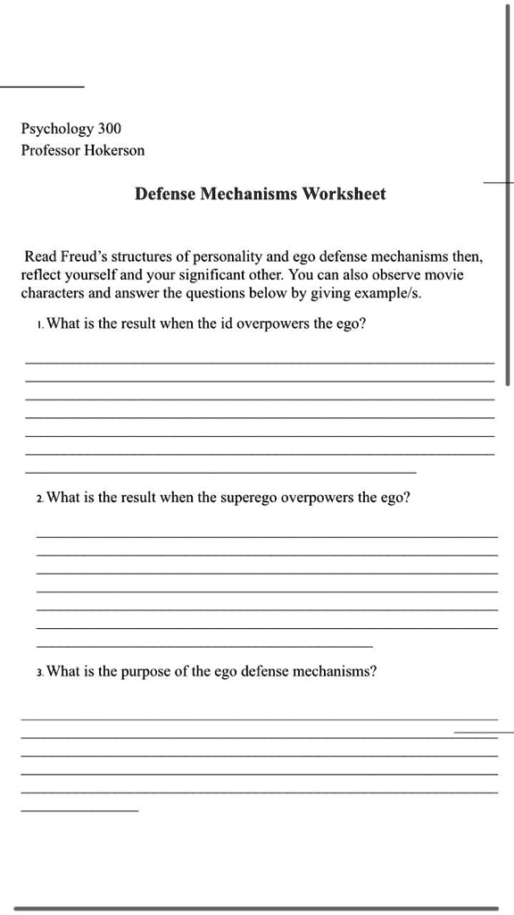 Psychology 300 Professor Hokerson Defense Mechanisms Worksheet Read ...