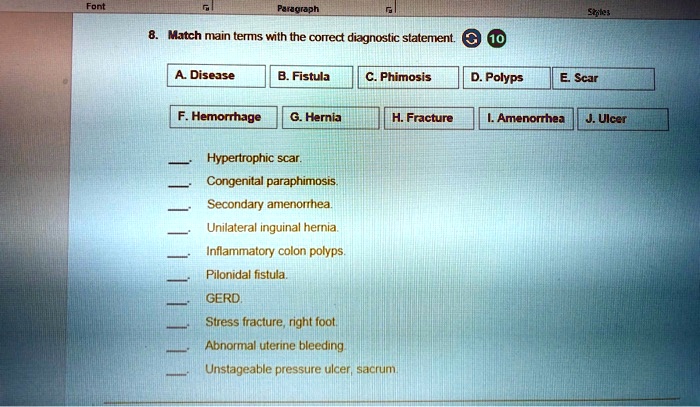 SOLVED: Match main terms with the correct diagnostic statement Disease ...