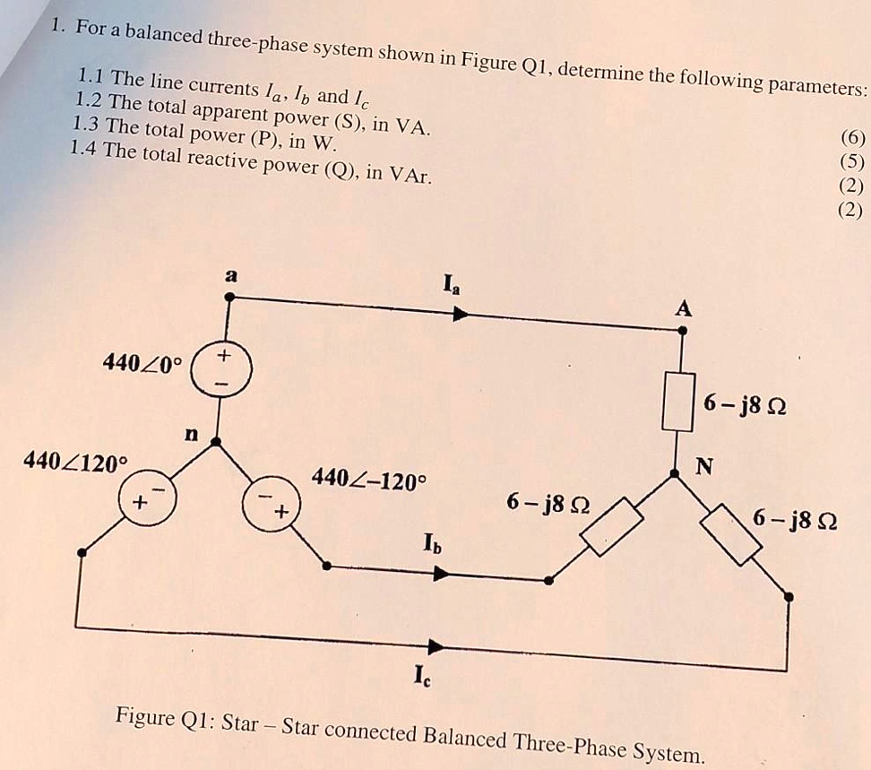 SOLVED: 1. For a balanced three-phase system shown in Figure Q1,determine the following ...