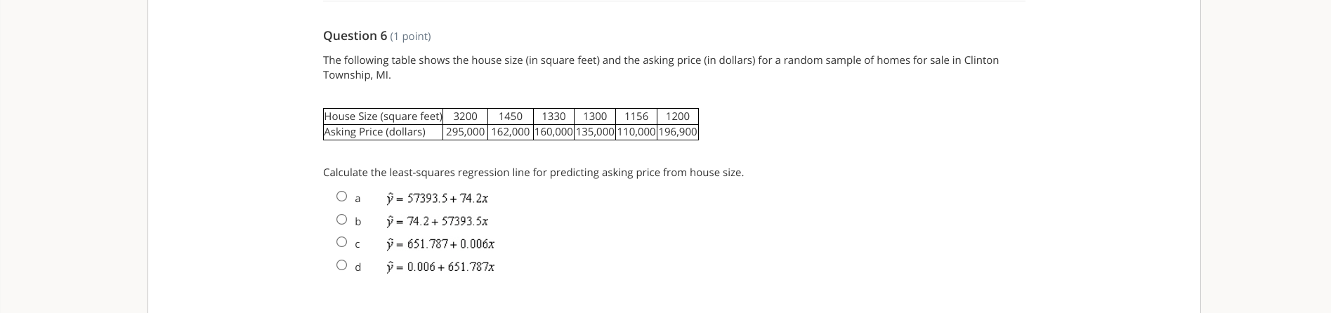 SOLVED: Question 6 (1 point) The following table shows the house size ...