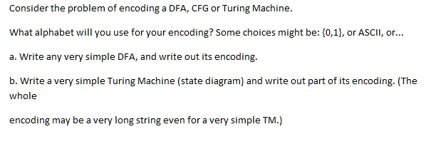 consider the problem of encoding a dfa cfg or turing machine what ...