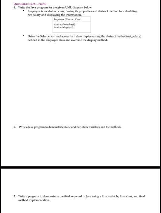 Solved 1 Write The Java Program For The Given Uml Diagram Below Employee Is An Abstract Class