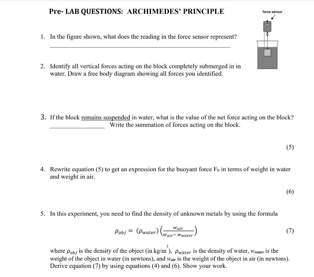 pre lab questions archimedes principle force sensor 1 in the figure ...