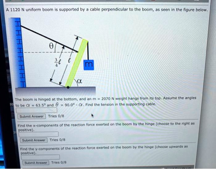 SOLVED: A 1120 N uniform boom is supported by a cable perpendicular to ...