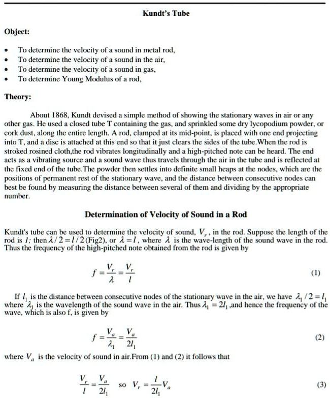 kundt s tube object to determine the velocity of sound in metal rod to determine the velocity of ...