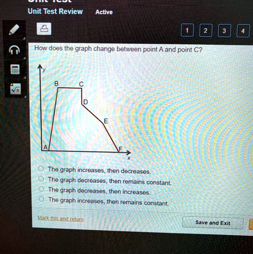 SOLVED: How does the graph change between point A and point C? The graph increases, then ...