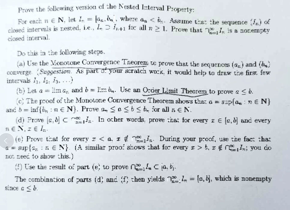 SOLVED:Prove the follcwing versiou cl she Nested Interval Property: For ...