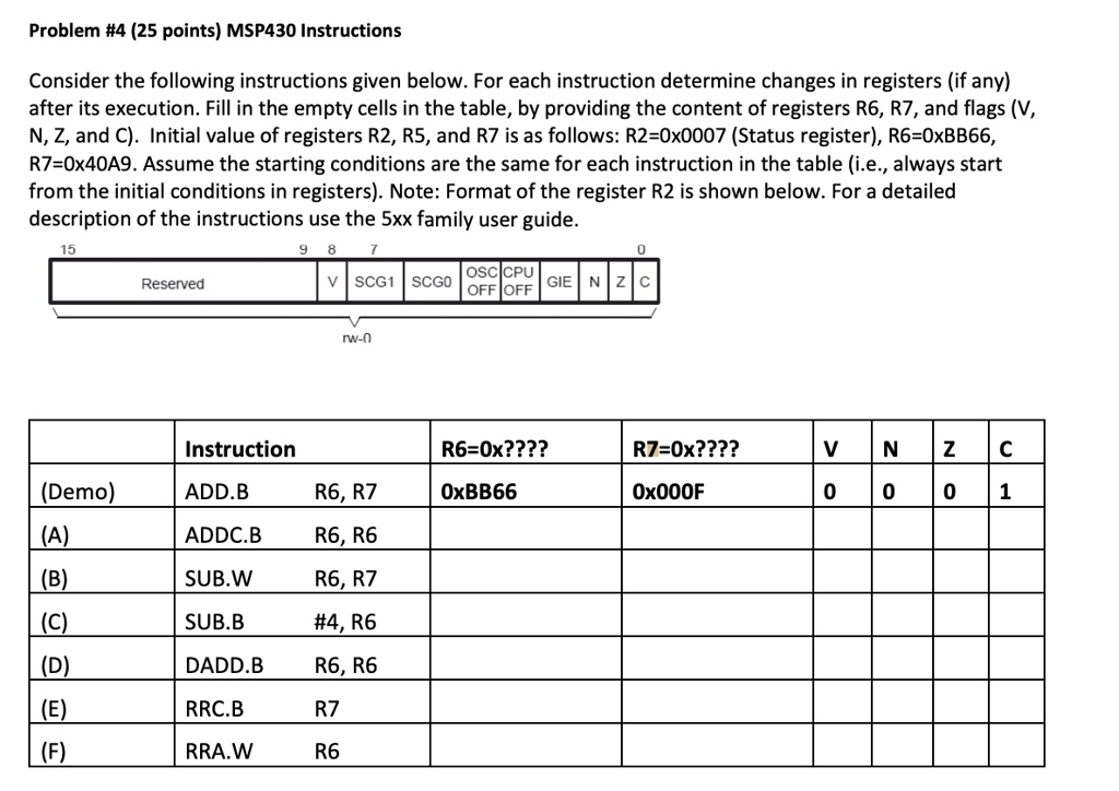 SOLVED: Problem #4 (25 points) MSP430 Instructions Consider the following instructions given ...