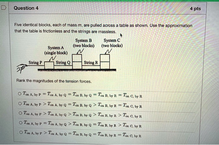 Five identical blocks each of mass m are pulled across a table as shown ...