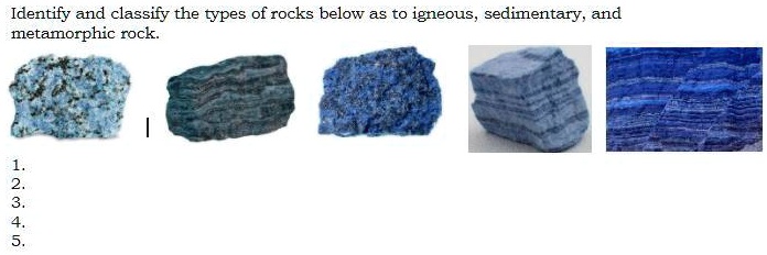 SOLVED: 'Identify and classify the types of rocks below as to igneous ...
