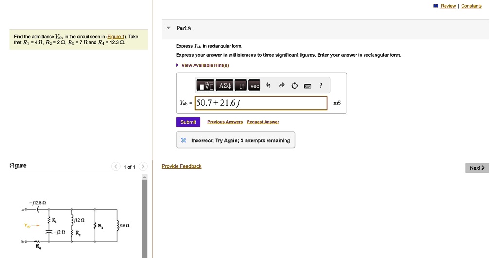 SOLVED: Texts: II Review I Constants Part A Find the admittance Yab in ...
