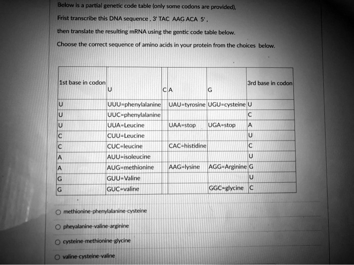 below is partial genetic code table only anln codons are providedl frist transcribe this dna ...