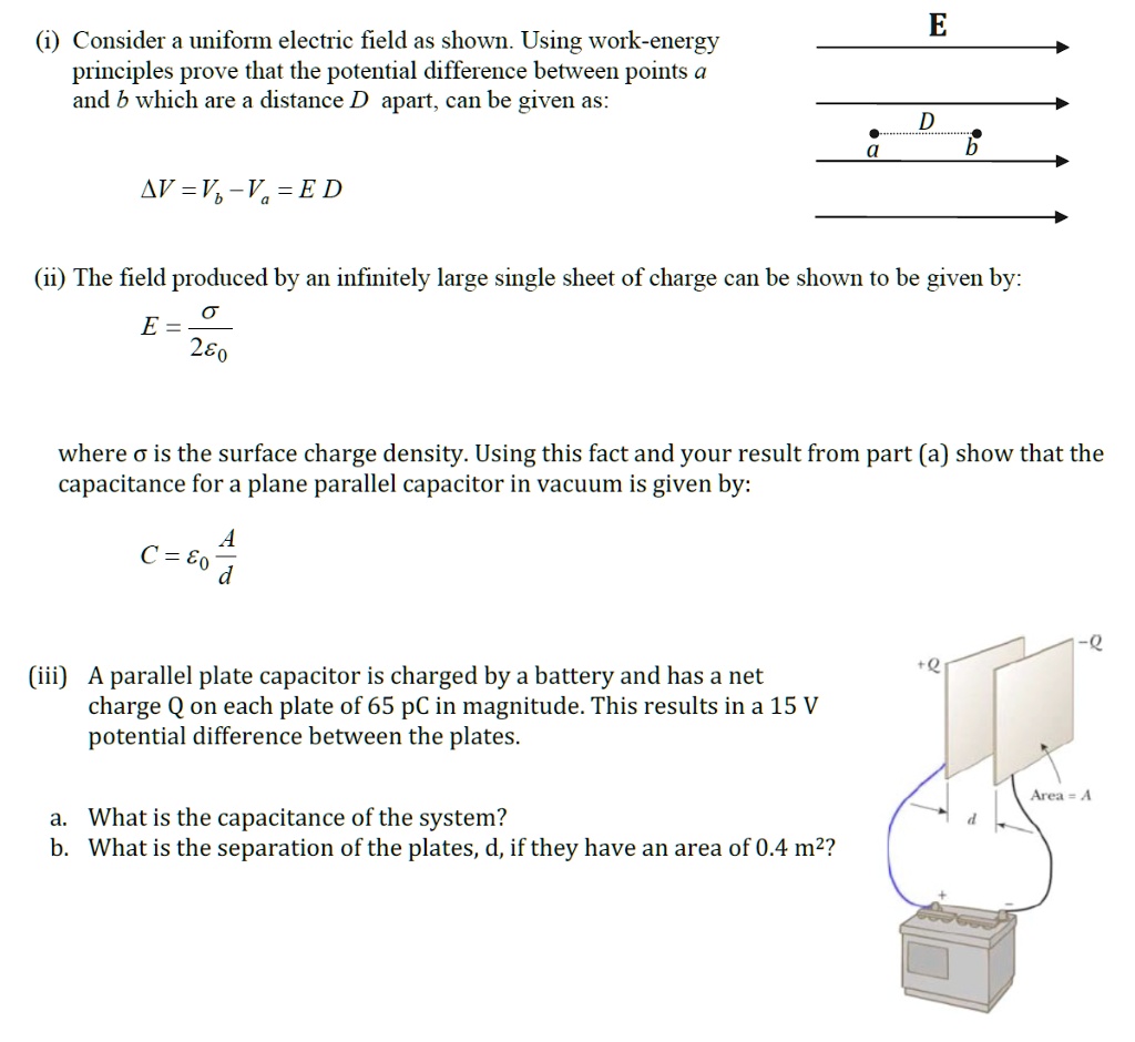 SOLVED: Consider a uniform electric field as shown: Using work-energy principles prove that the ...