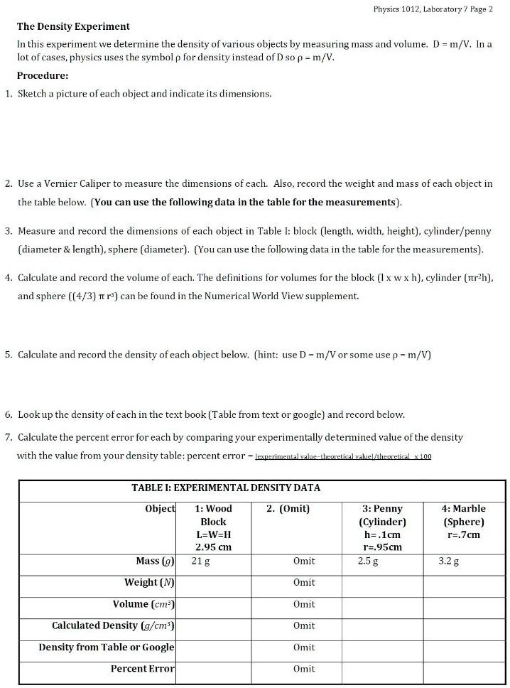 SOLVED: Physics 1012, Laboratory Page The Density Experiment In this ...