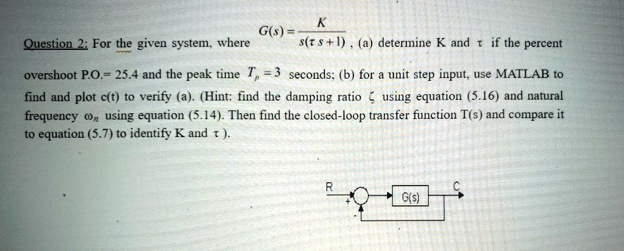 SOLVED: G(s) = Question 2: For the given system, where sT / (s+1), determine K and if the ...
